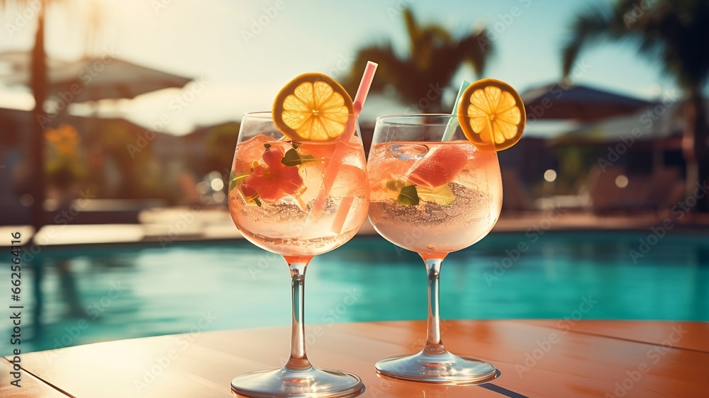 Refreshing poolside cocktails in peach fuzz color of 2024 under the ...