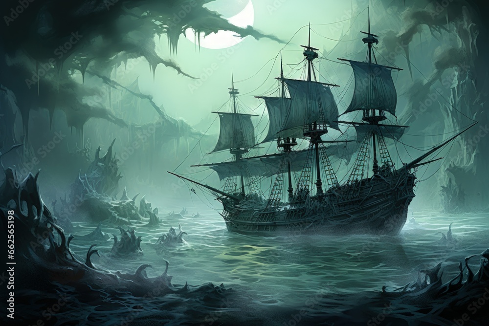Cursed ghost ships, forever sailing the seas with ghostly crews seeking ...