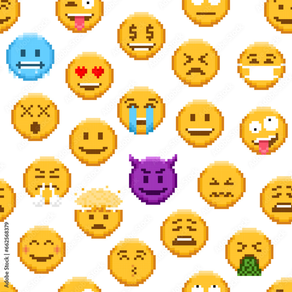 Pixel emoji seamless pattern background, vector 8 bit emoticon and face ...