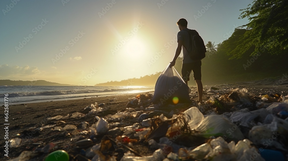 Man picks up plastic garbage on beach in the morning, Panama, Central ...