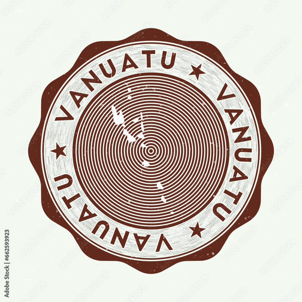 Vanuatu seal. Country round logo with shape of Vanuatu and country name ...