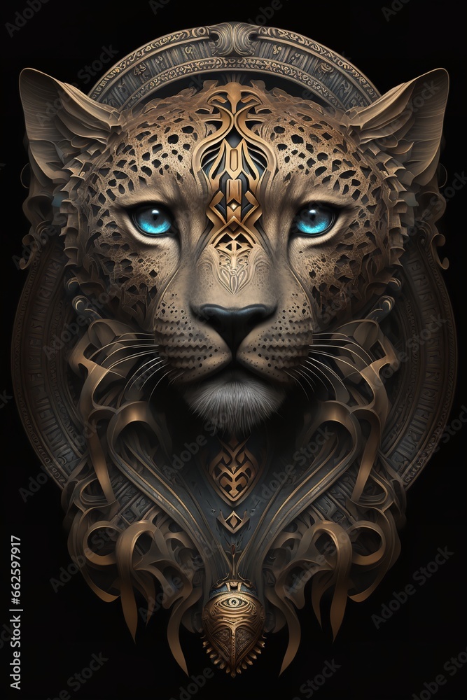 Mystical digital art of a leopard head with a blue mandala on its ...