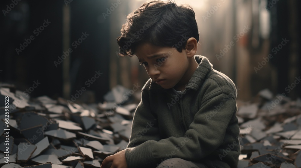 Sad little boy crying. Conceptual art collage in minimalistic style ...