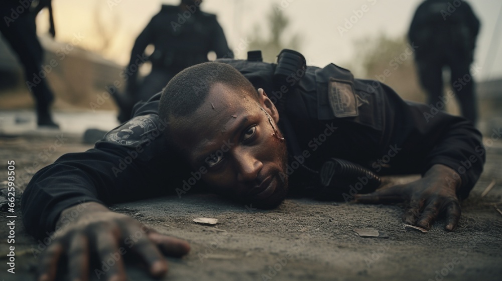 selective focus of detained african american man lying on ground near ...
