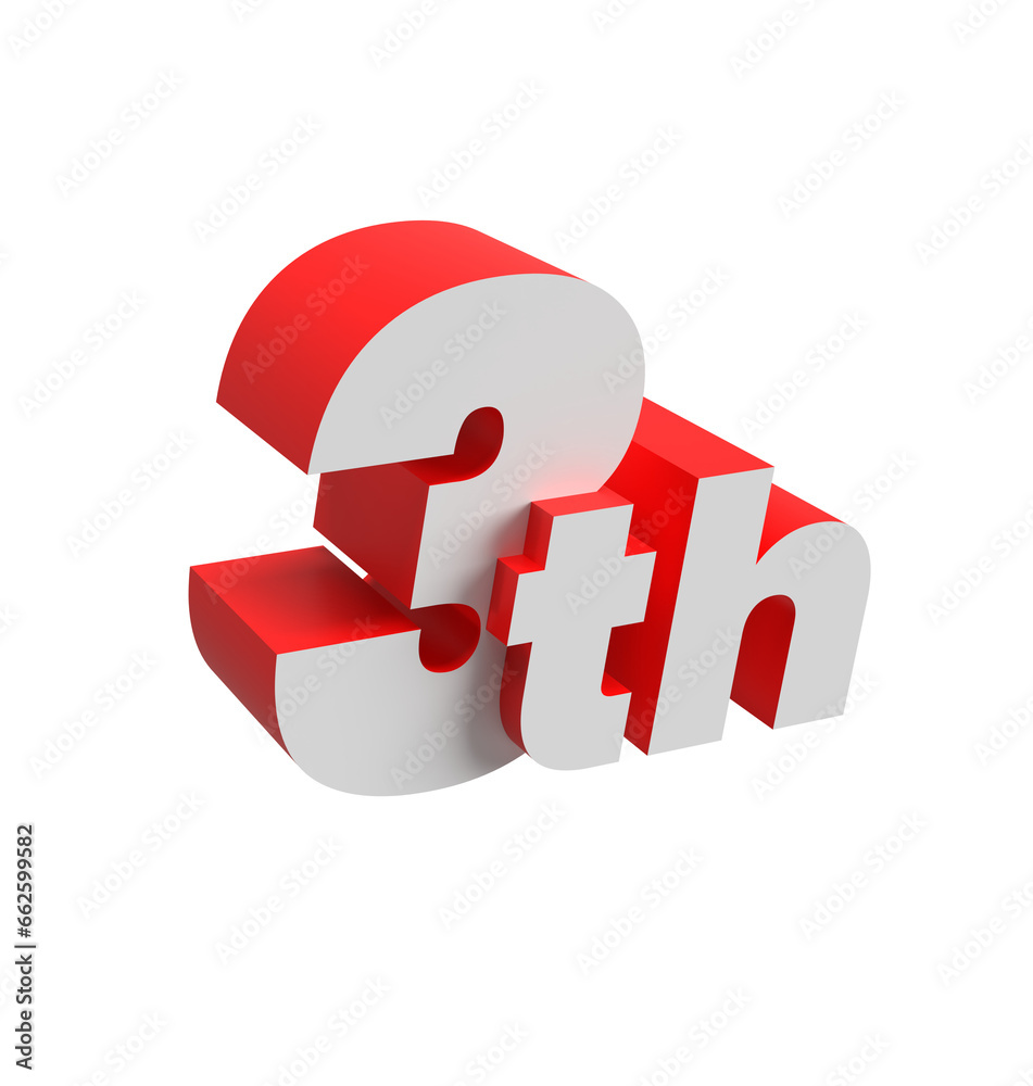3th digit. 3d number in a light side perspective. White and red ...