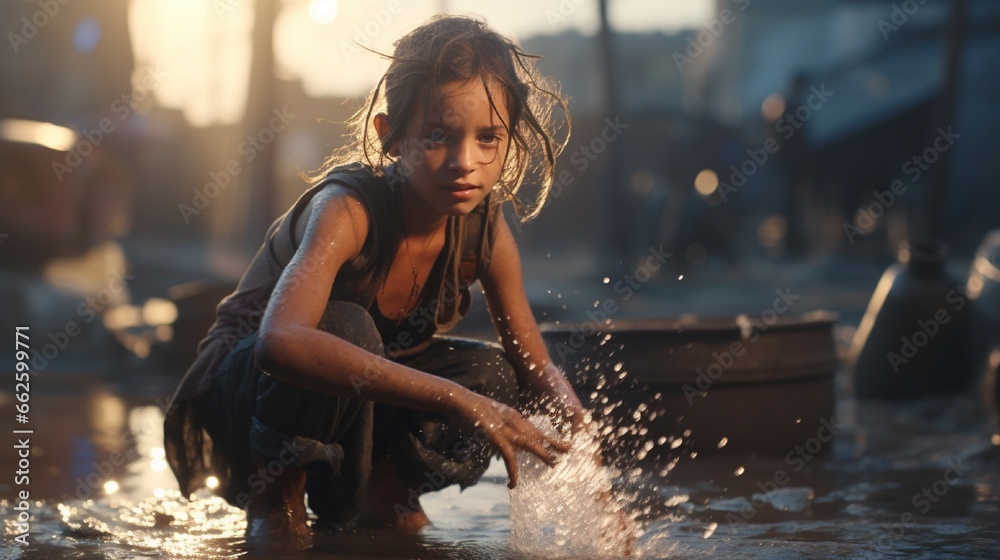 slum girl pouring water in plastic container,full ultra HD, High ...