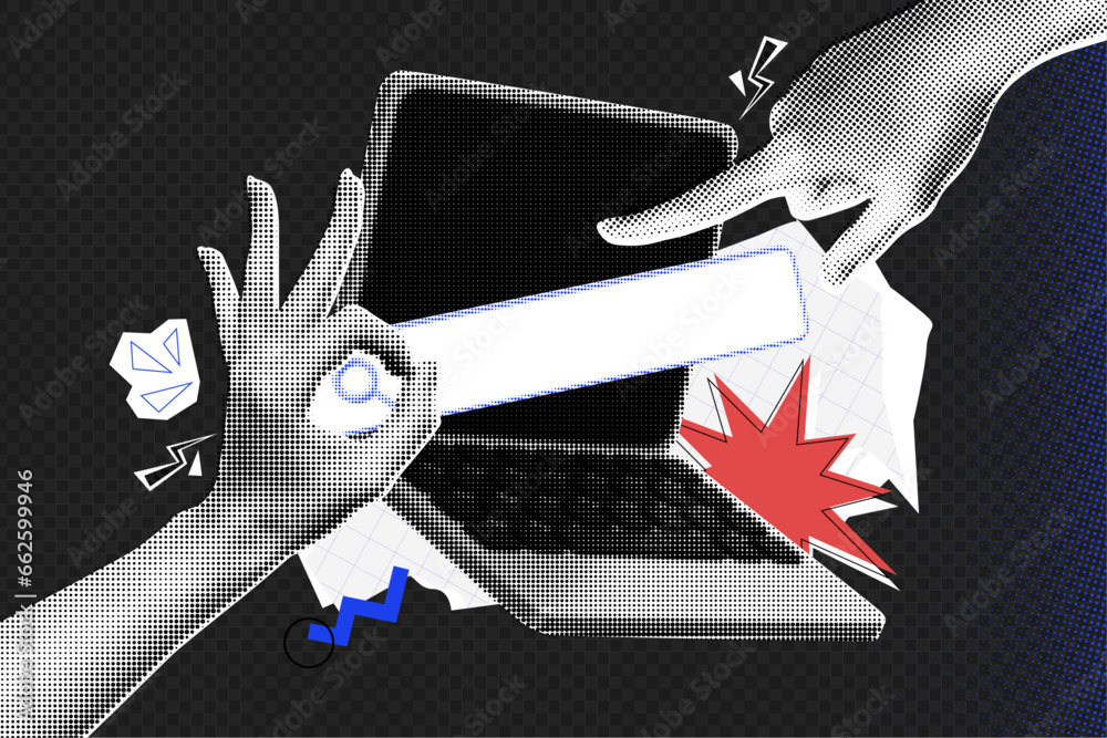 Trendy Halftone Collage Laptop with Search bar and Hands. Cut out paper ...