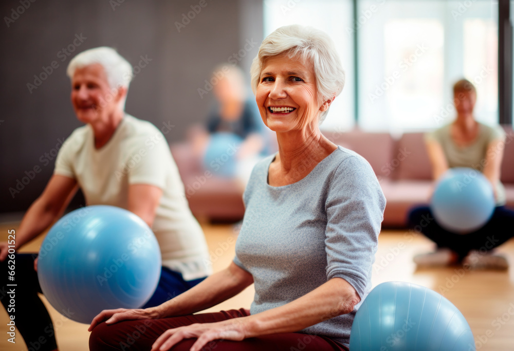 Senior group doing squat exercise with physiotherapist in gym. Elderly ...