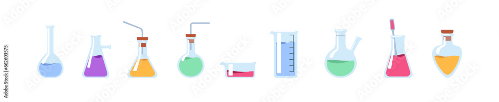 Lab glassware set. Laboratory glass ware with chemical liquids, fluids ...