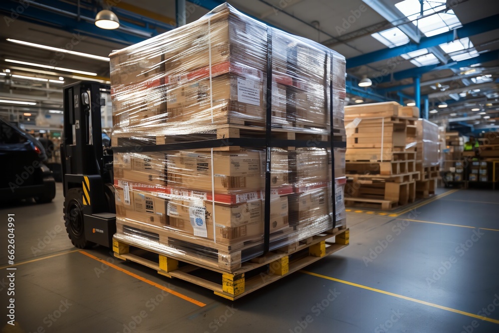 Palette de carton sur un transpalette électrique dans un entrepôt ou ...