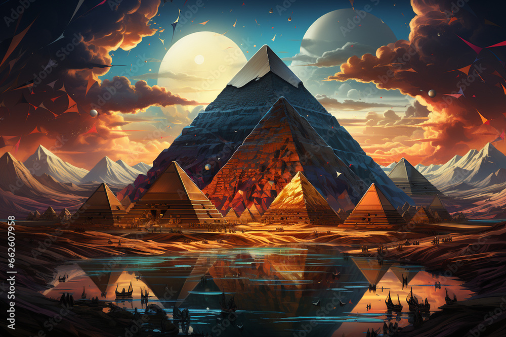 The Pyramids of Giza in this artwork are transformed into abstract and ...