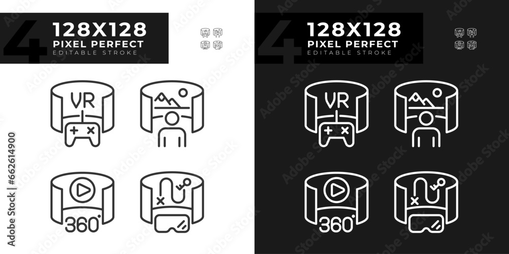2D pixel perfect light and dark icons set representing VR, AR and MR ...