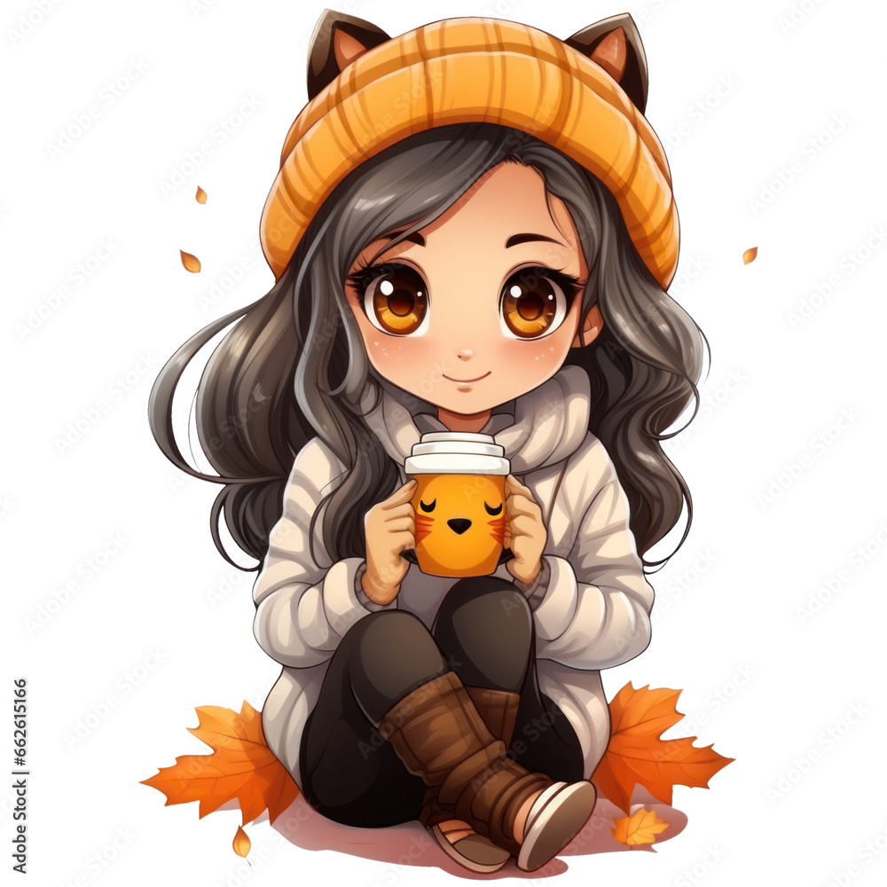 Cute Chibi girl with cup of coffee and fall leaves, autumn girl ...