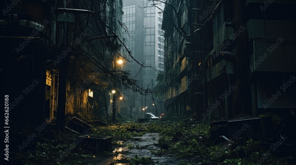 Detailed destruction of fictitious city with debris and collapsing ...