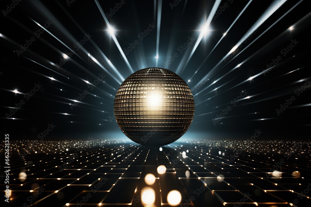 Golden disco ball in a dark empty room. Reflections of light on a disco ...