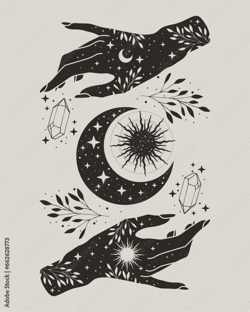 Magical moon, sun and woman hands. Gray colors. Alchemy esoteric magic ...