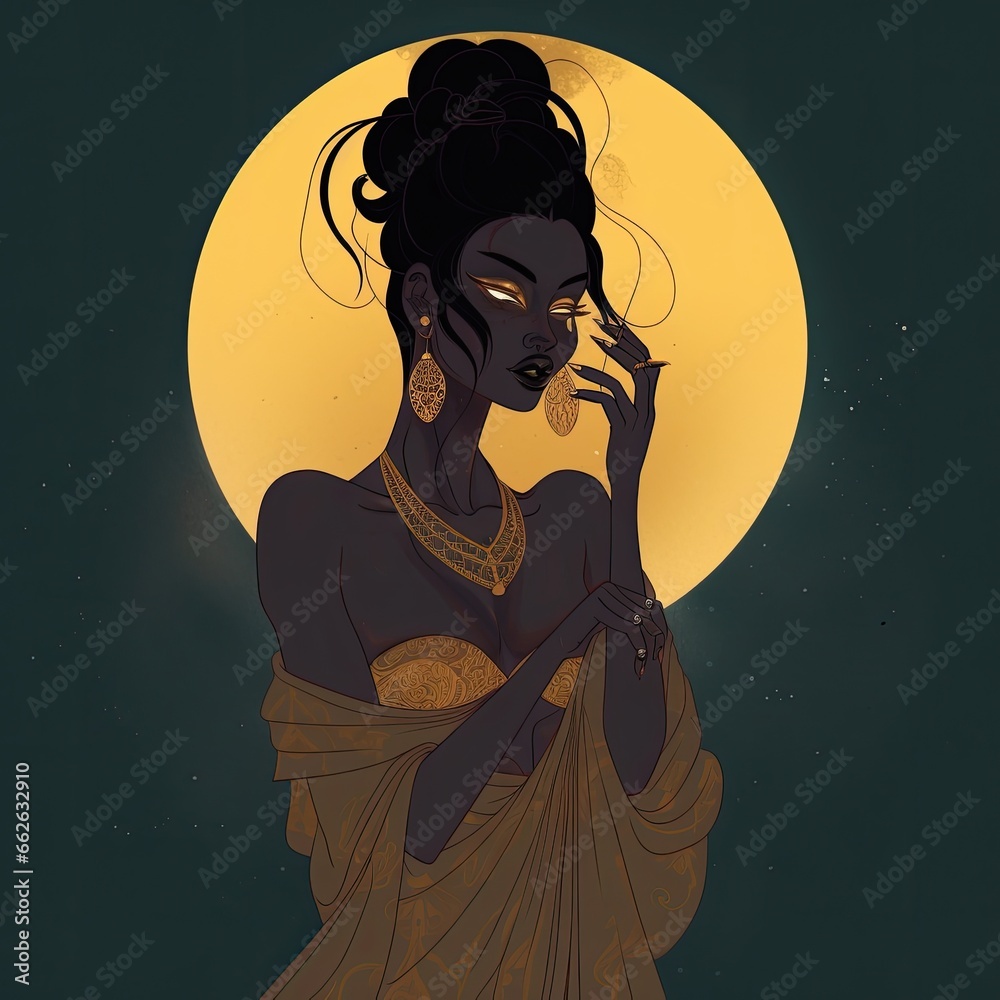 An illustration. Black empress, or goddess, wearing golden cloak ...