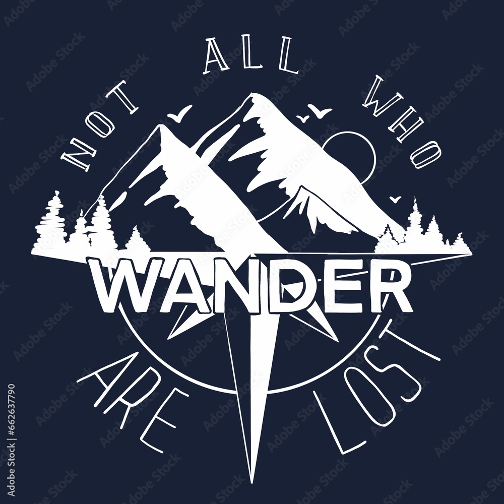 monochrome inverse Travel sticker with Mountains and compass. text not ...