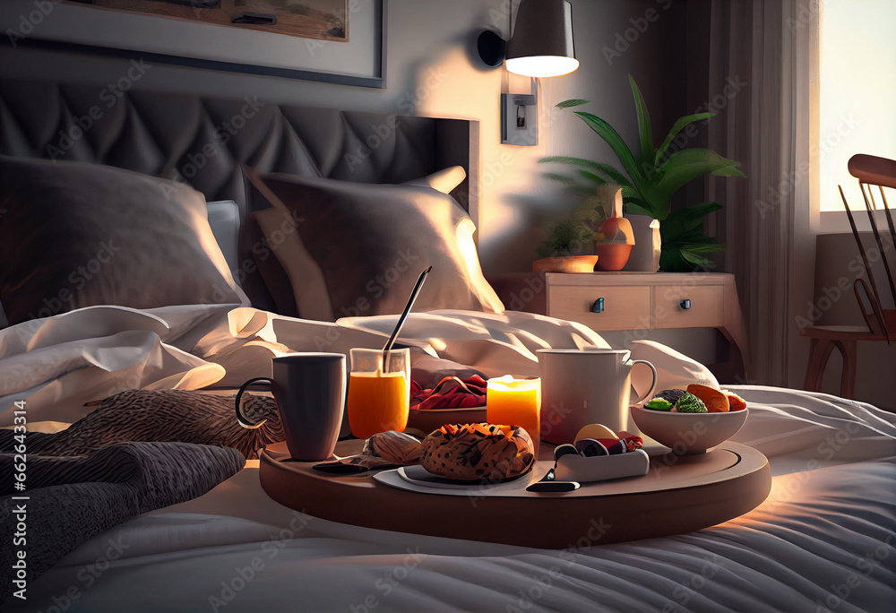 Focus on fruit. In a hotel room with fruit, place a tray on the bed to ...