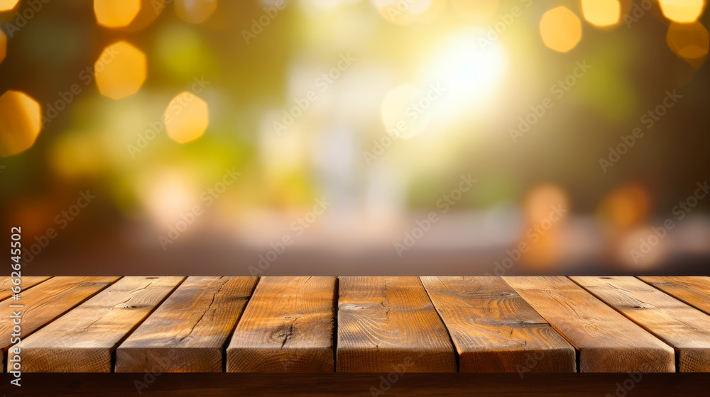 Wooden table with blurred bokeh sunlight background, perfect for ...