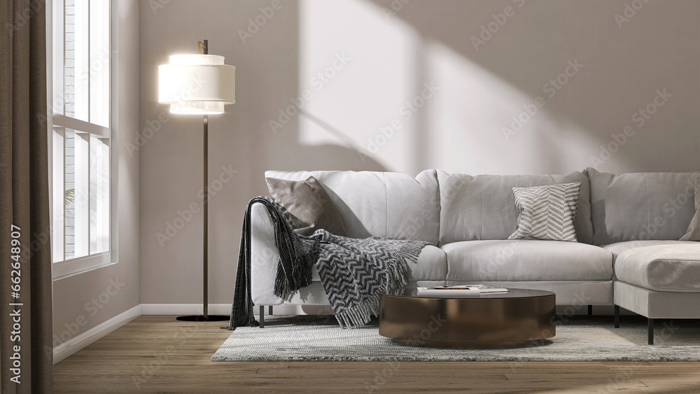 Luxury, cozy living room with gray daybed sofa, coffee table on shag ...