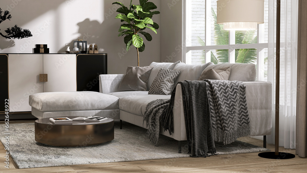 Luxury, cozy living room with gray daybed sofa, coffee table on shag ...