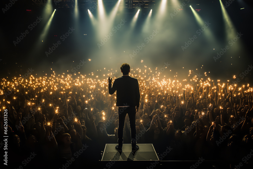 A musician stands on a concert stage, as a sea of fans hold lighters in ...