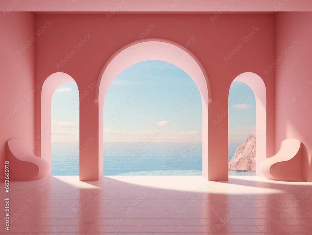 Abstract architectural design on the backdrop of the ocean with sunset ...