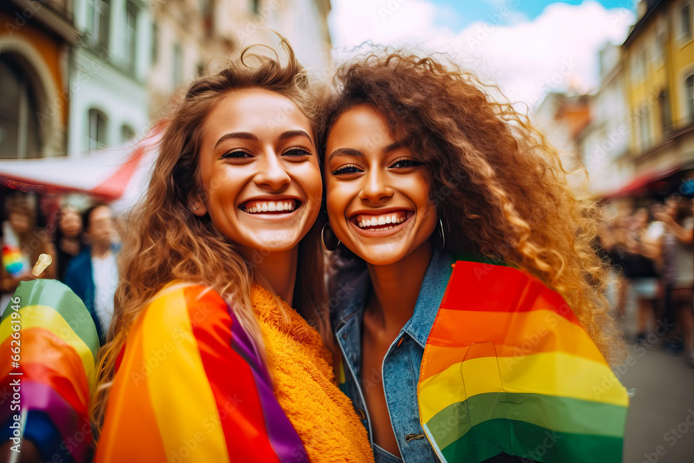 Image of two lesbian girls celebrating gay pride day with lgtb flags ...