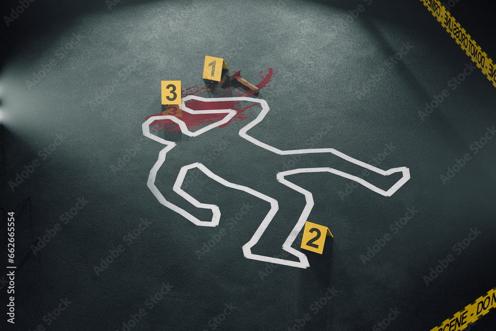Crime Scene Investigation: Bloodied Body Outline with Hammer Evidence ...