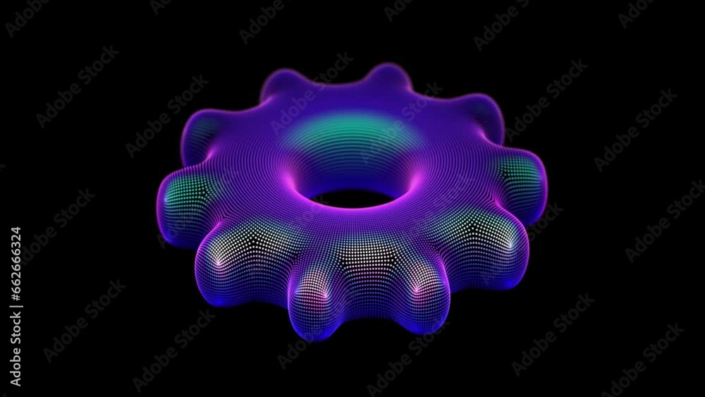 3D neon rotating pixelated cogwheel on black background. Abstract ...
