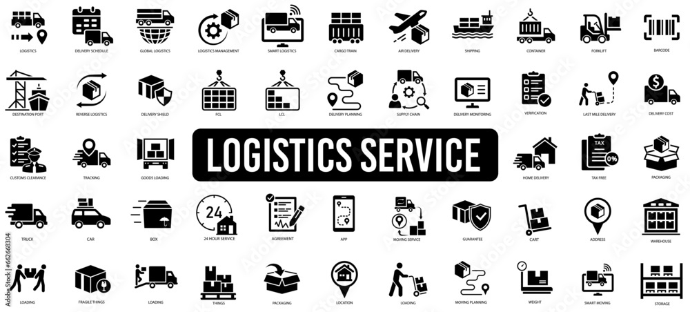 Logistics icon set. Shipping, transportation, delivery, cargo, freight ...