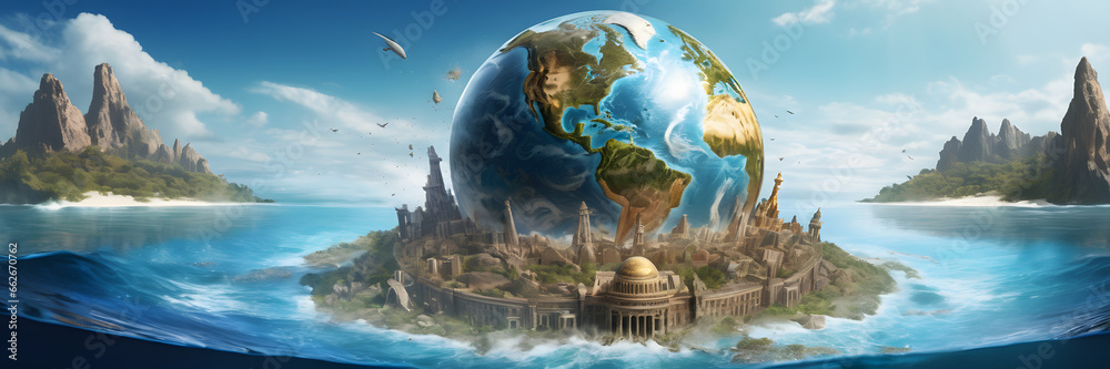 Abstract ancient civilizations, architecture, and art emerge from a ...