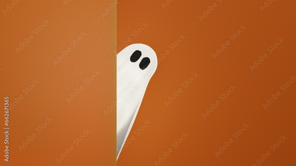 White ghost peeks out from behind wall. Cute ghost peeping Halloween ...