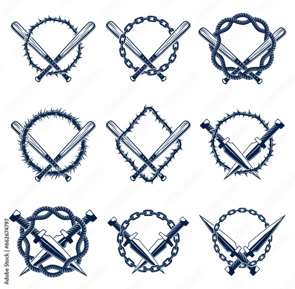Baseball bats crossed vector criminal gang logos or signs set, gangster ...