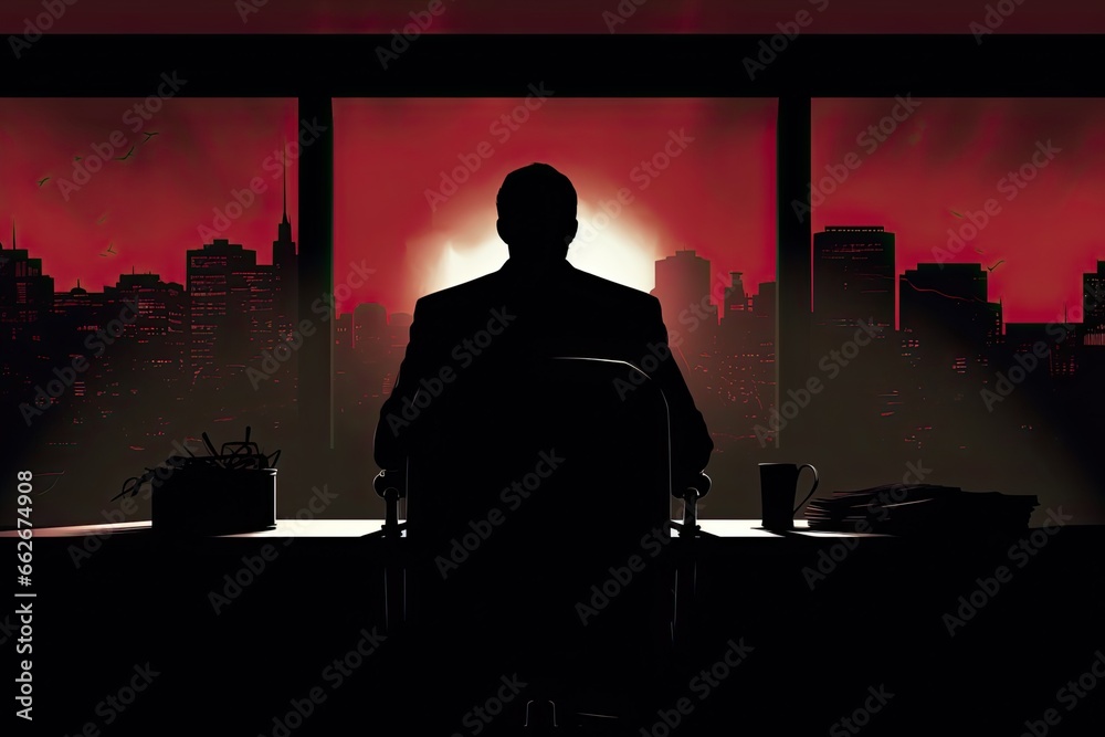 Silhouette of a dark villain from behind, sitting on a chair, red ...