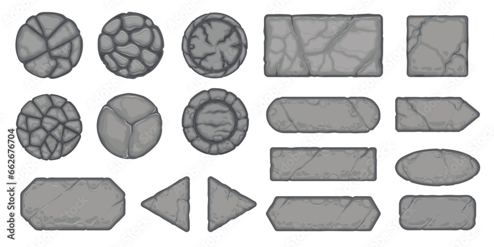 Stone menu buttons. Medieval cracked border UI elements, old granite ...
