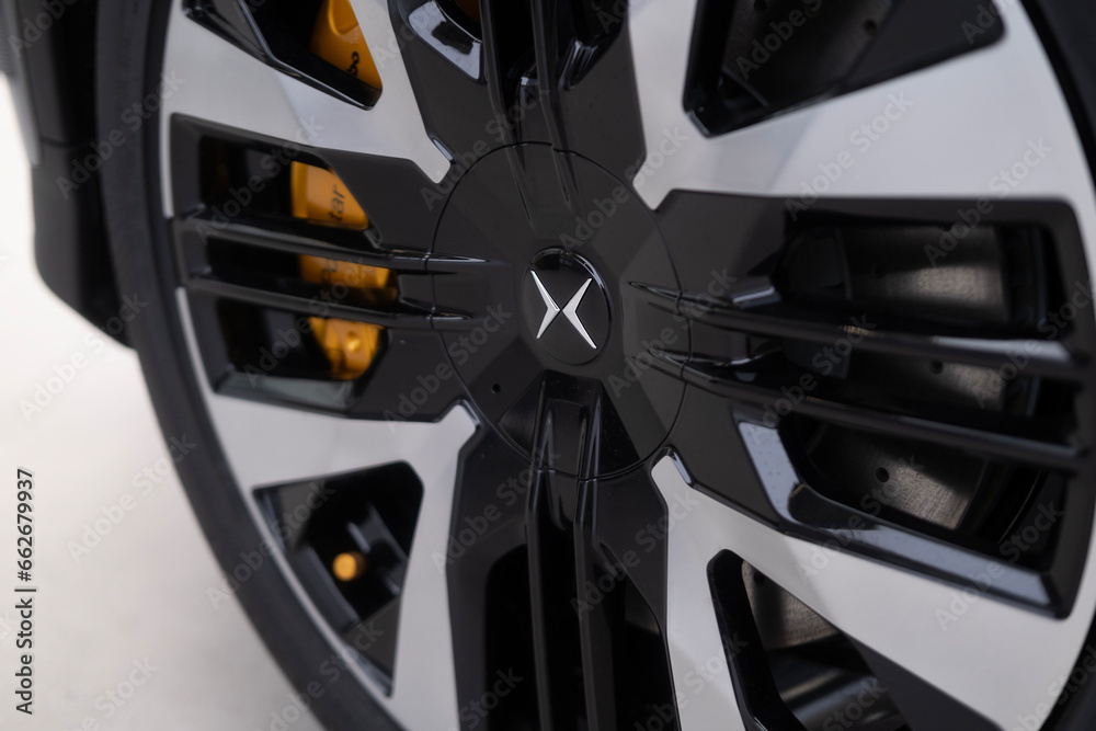 caps of wheel with calipers of all-electric car Polestar 2, high ...