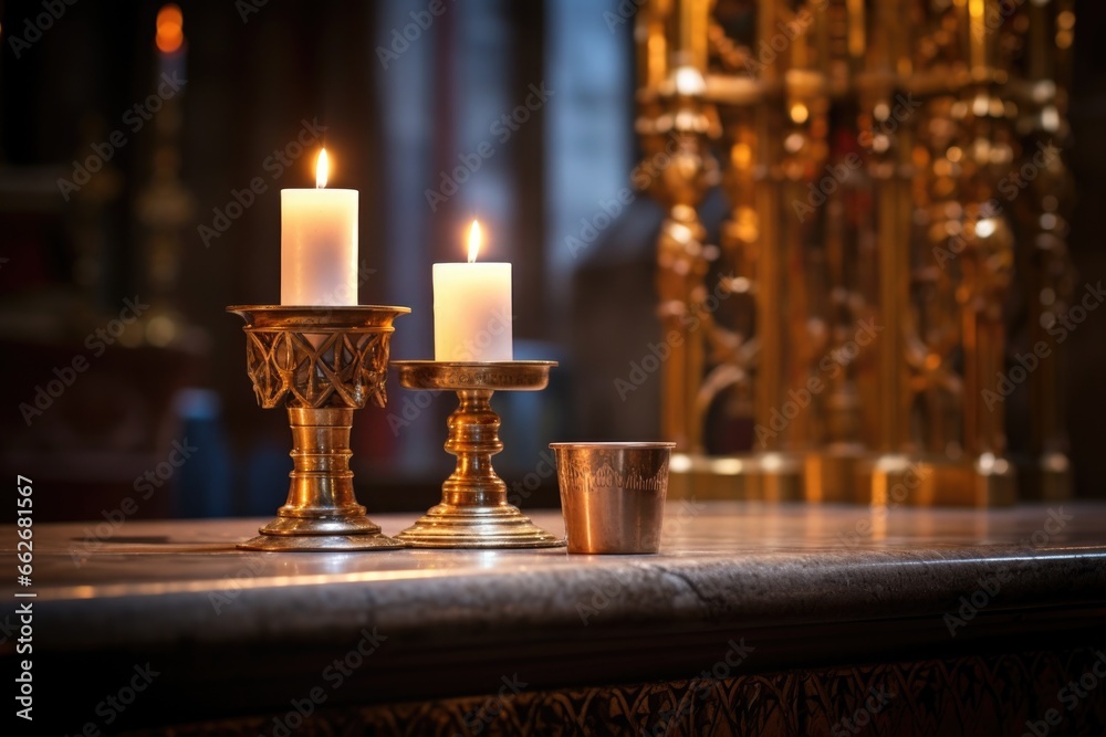 lit altar candles and a chalice on a church altar Stock Photo | Adobe Stock