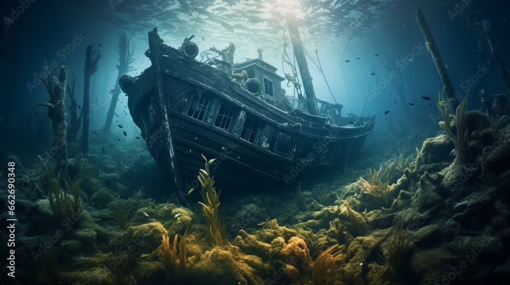A captivating image of a shipwreck resting on the ocean floor ...
