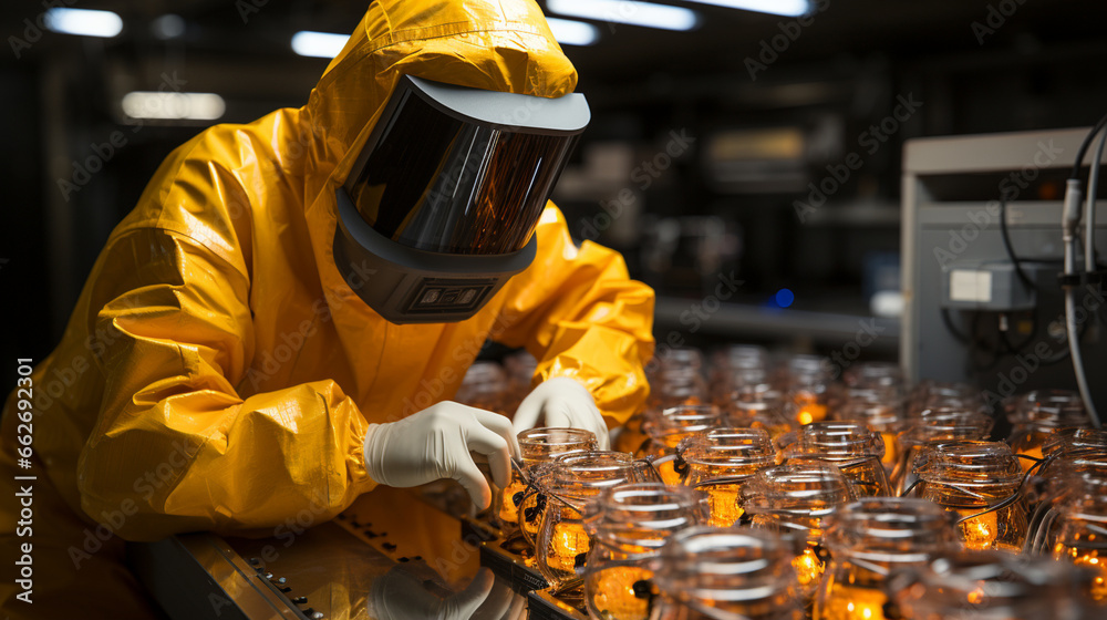 Lab Safety: A researcher in a safety suit and goggles handling ...
