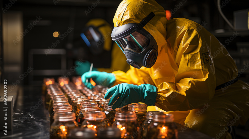 Lab Safety: A researcher in a safety suit and goggles handling ...