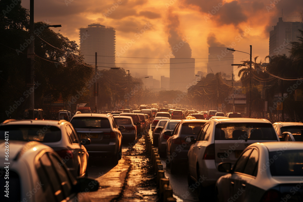 Polluted city with chaotic traffic, highlighting the hazardous ...