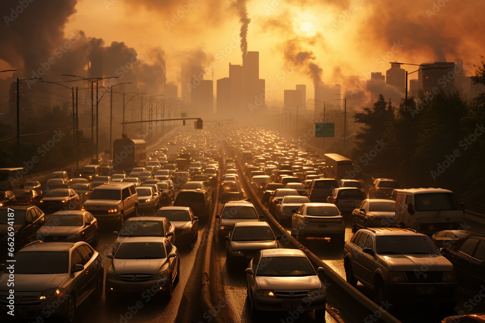 Polluted city with chaotic traffic, highlighting the hazardous ...