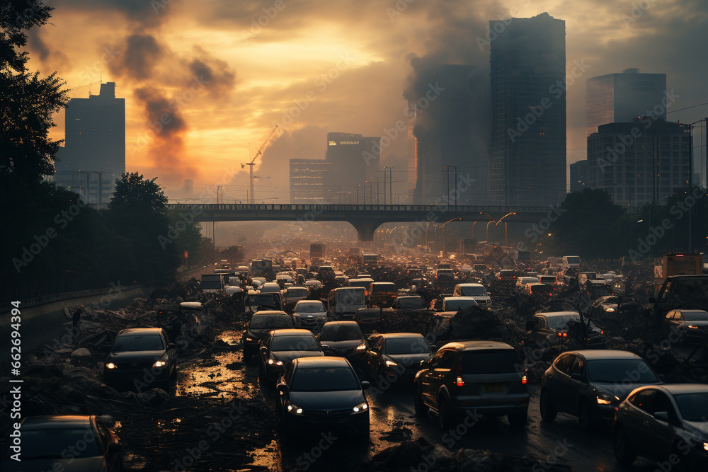 Polluted city with chaotic traffic, highlighting the hazardous ...