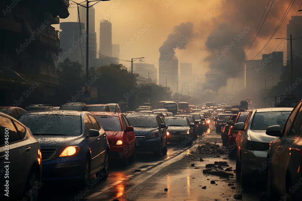 Polluted city with chaotic traffic, highlighting the hazardous ...