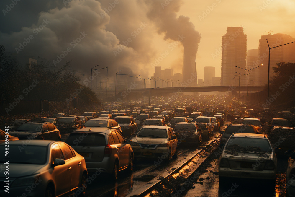 Polluted city with chaotic traffic, highlighting the hazardous ...