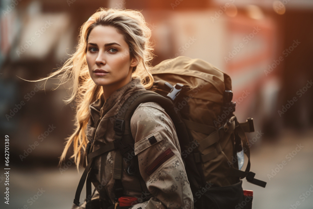 A portrait of a female soldier carrying her gear as she leaves her home ...