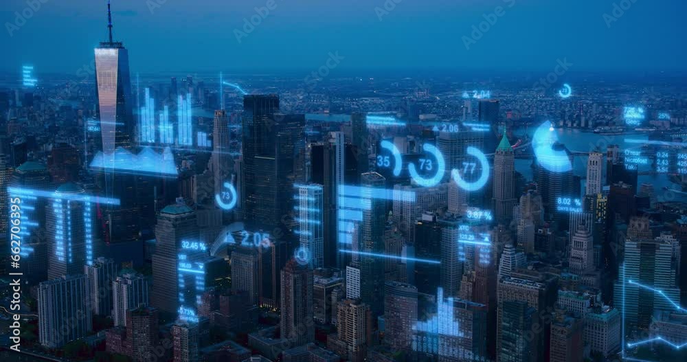 Modern Smart City Concept: Evening Helicopter Footage of New York City ...