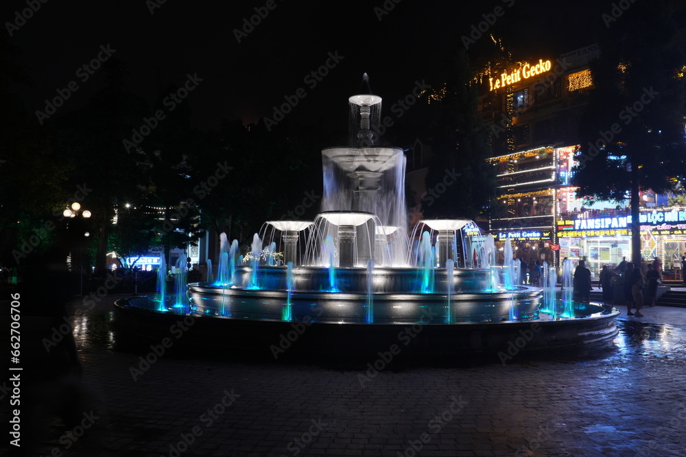 Night View of Sapa City, Beautiful Fountain at Sapa Park in Sapa ...